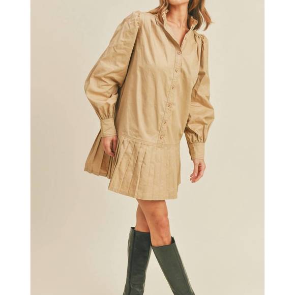 &MERCI | Dresses | New Merci Preppy Pleated Shirt Dress In Tan | Poshmark